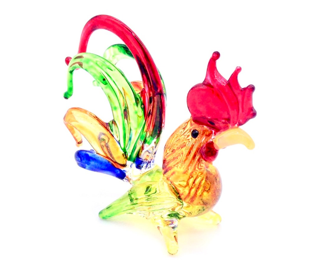 Hand Blown Glass Miniature Rooster Hen Chicken Animal Orange Red Green ...