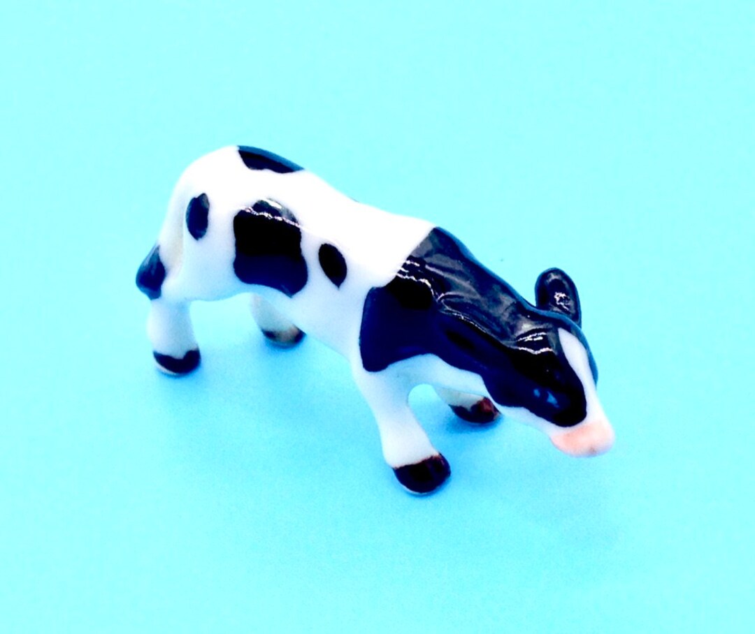 Miniature Ceramic Calf Baby Cow Animal Cute Little Black White Brown ...