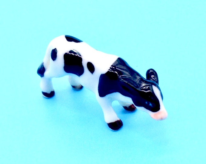 Miniature Ceramic Calf Baby Cow Animal Cute Little Black White Brown ...