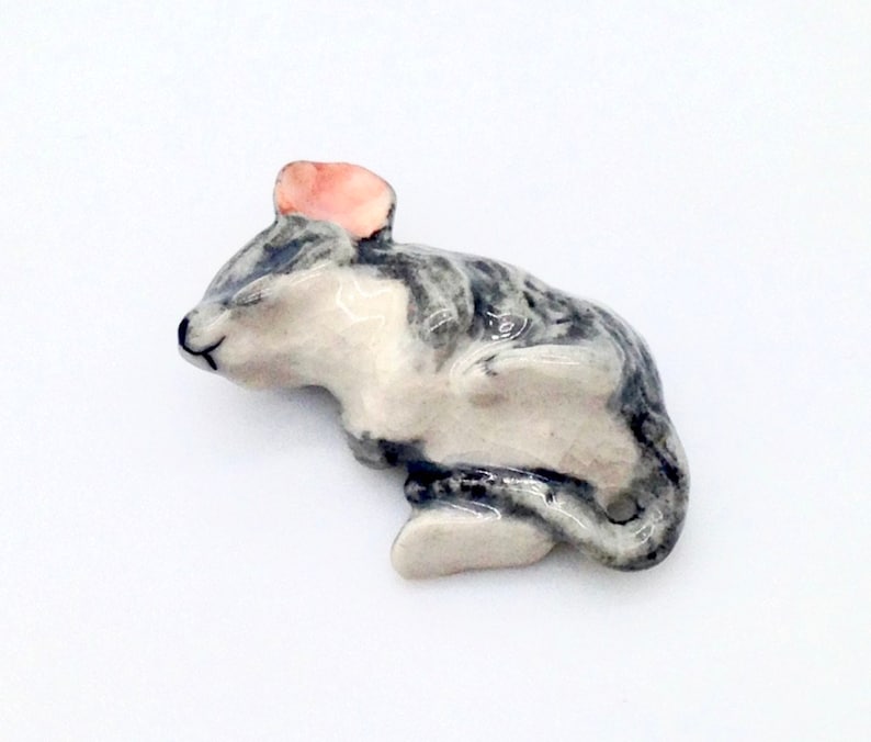 Miniature Ceramic Rat Mouse Sleeping Animal Cute Little Grey Figurine ...