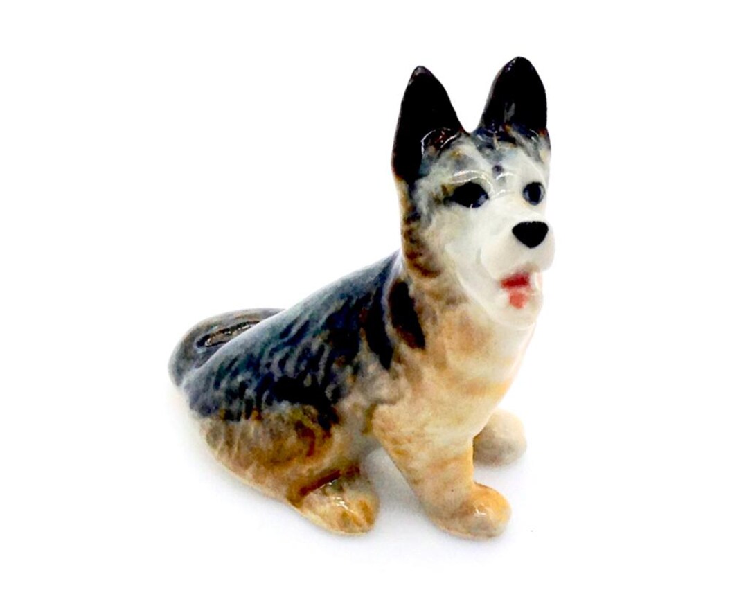 Miniature Ceramic German Shepherd Sit Dog Animal Tiny Yellow Brown ...