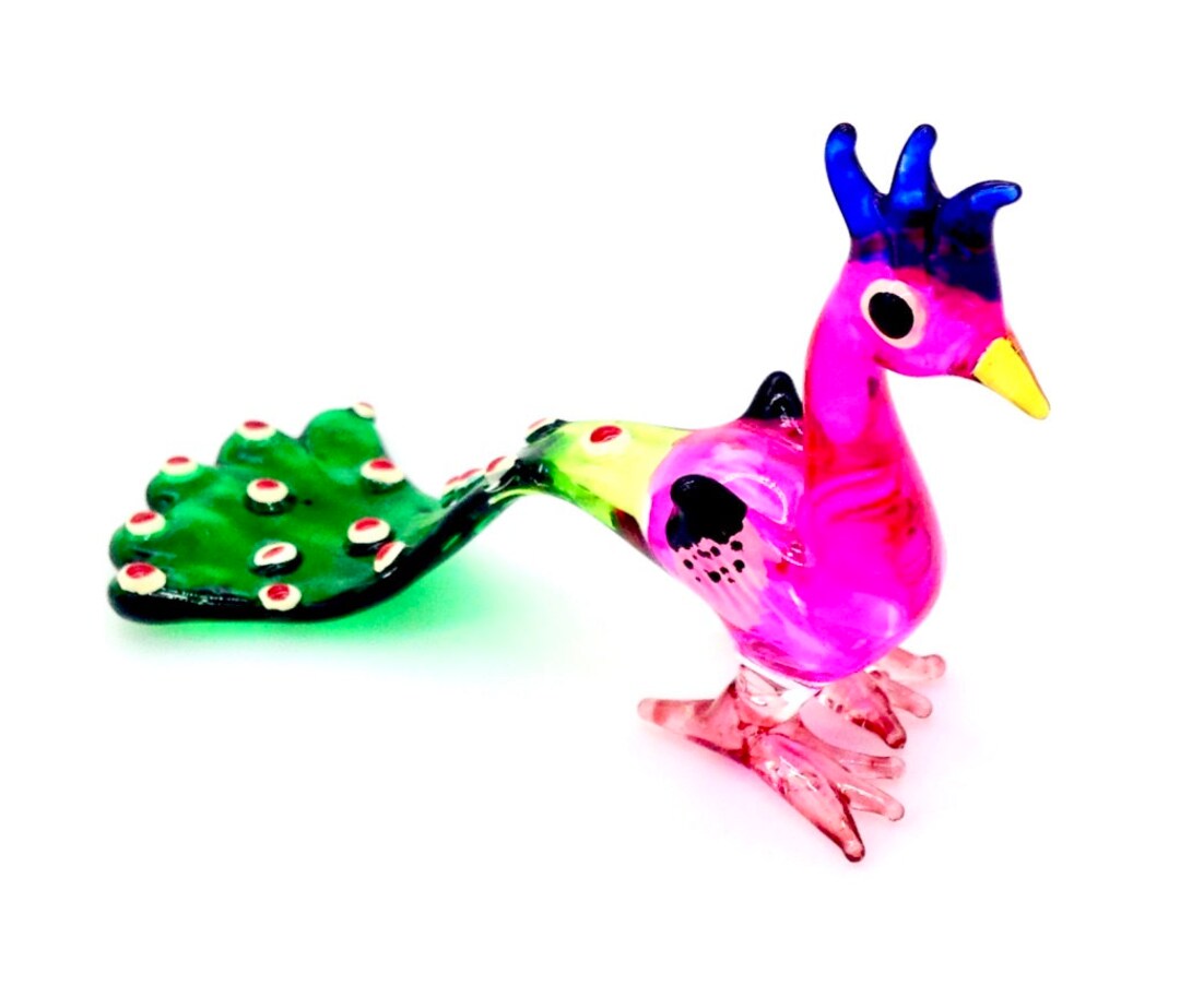 Hand Blown Glass Miniature Peacock Bird Animal Cute Pink Green Figurine ...