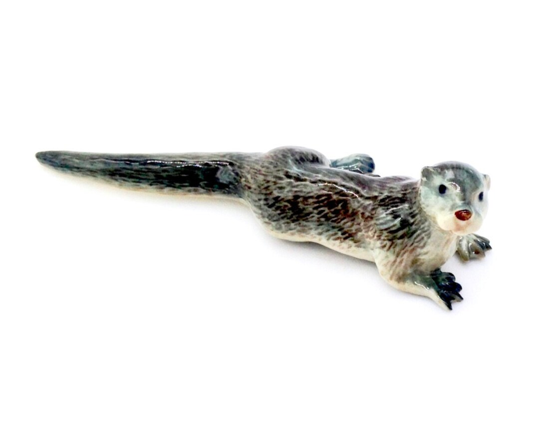 Miniature Ceramic Otter Laying Animal Little Brown Grey Beige Figurine ...