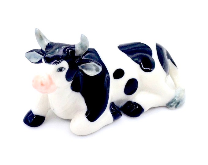 Miniature Ceramic Farm Bull Cow Laying Animal Little Black White ...