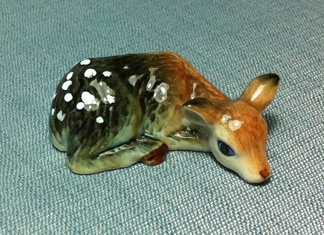 Miniature Ceramic Fawn Deer Sleeping Animal Cute Little Brown White ...