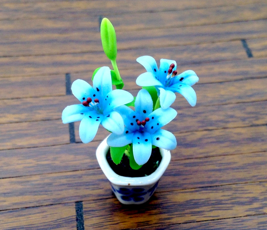 Flower Artificial Plant Lily Blue Miniature Dollhouse Clay Polymer Fimo ...