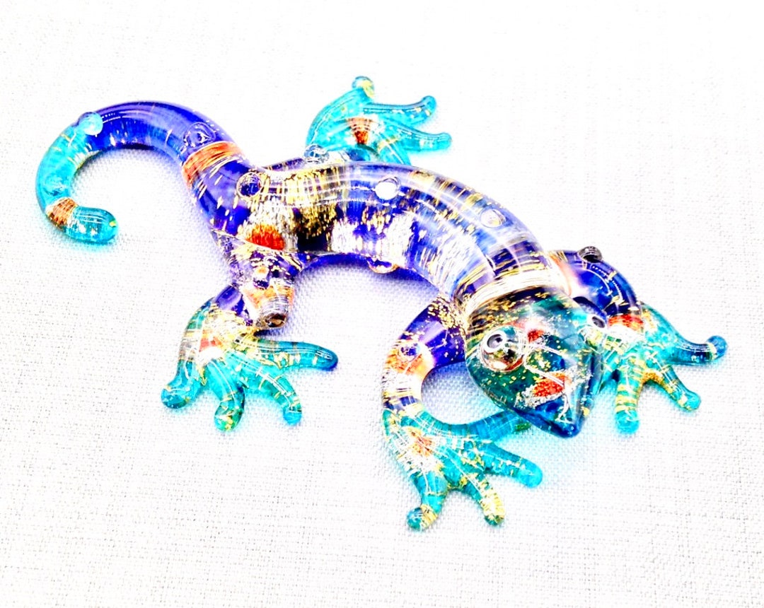 Hand Blown Glass Miniature Salamander Lizard Reptile Tiny Animal Blue ...