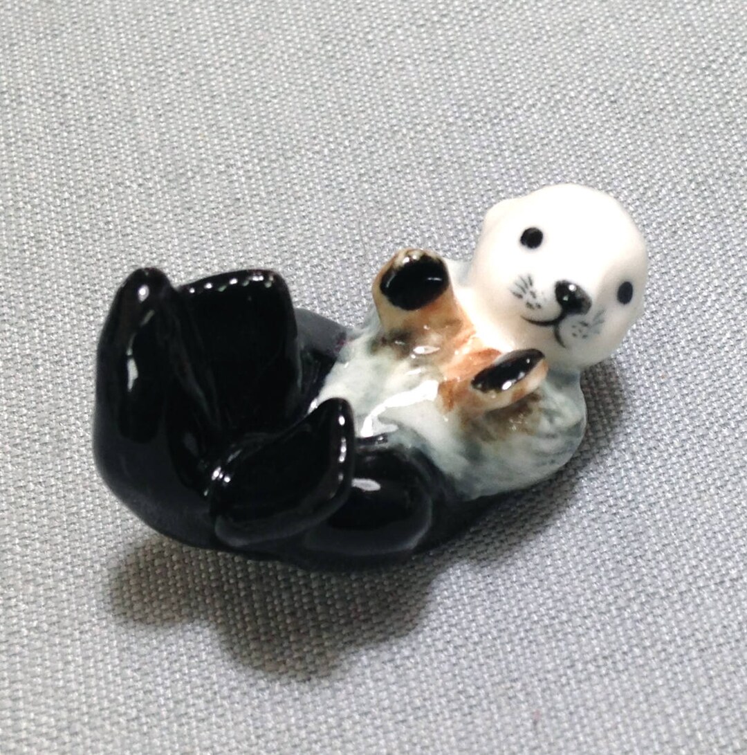 Miniature Ceramic Otter Animal Cute Little Tiny Small Black White Brown ...