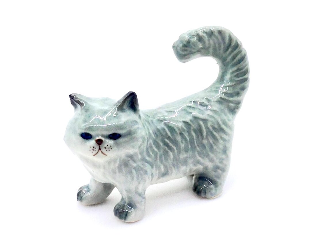 Miniature Ceramic Cat Pet Standing Animal Little Grey White Tail ...