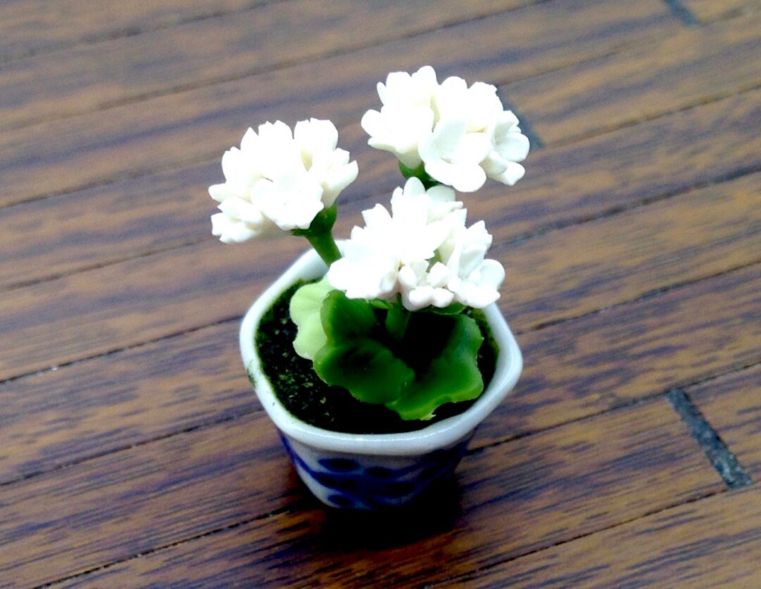 Miniature Dollhouse Artificial Flower Plant Geranium White Green Clay ...