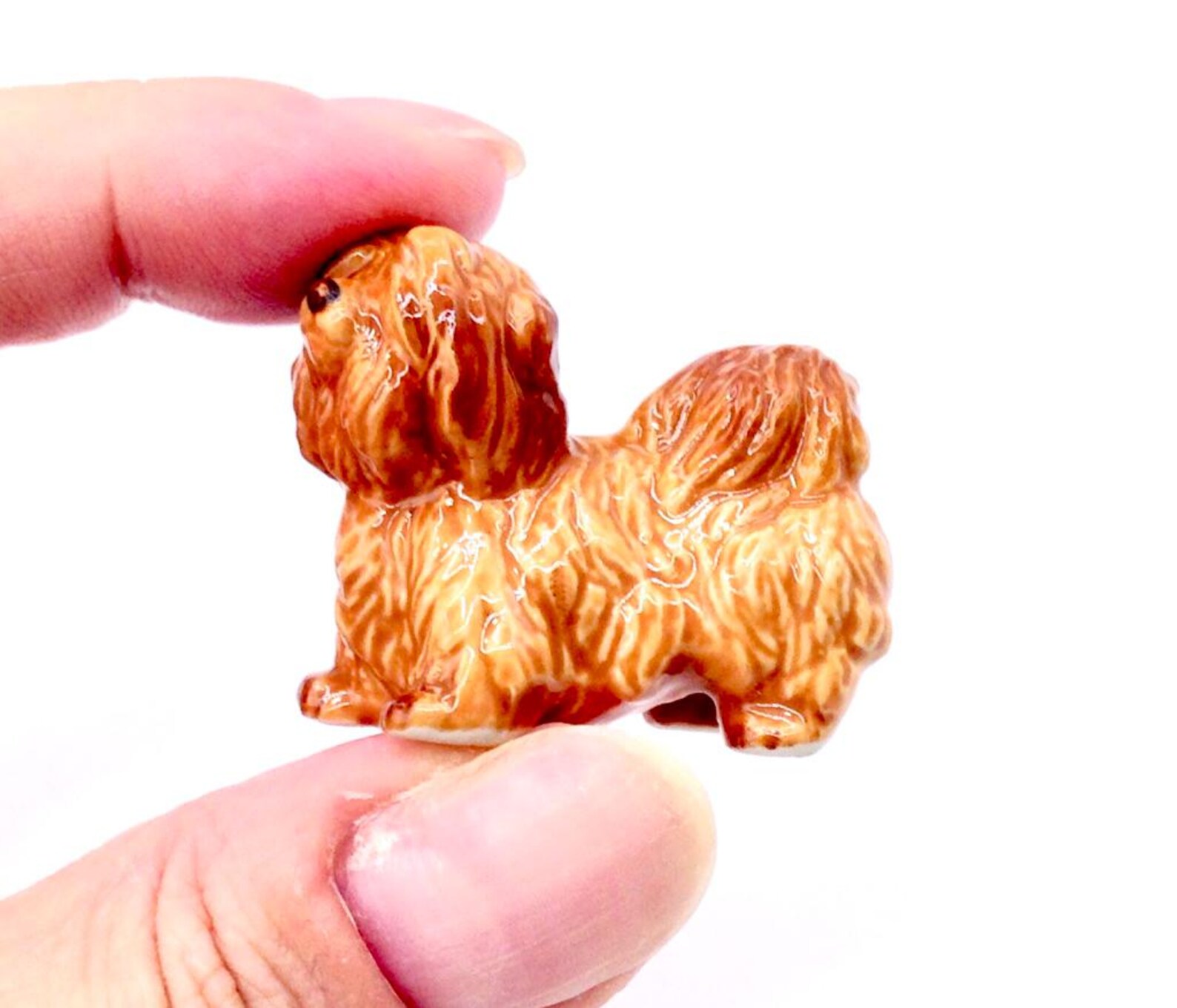 Miniature Ceramic Dog Shih Tzu Animal Little Brown Orange Figurine Tiny ...