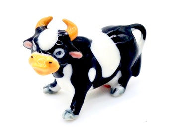 Miniature Ceramic Calf Baby Cow Animal Cute Little Black White Brown ...