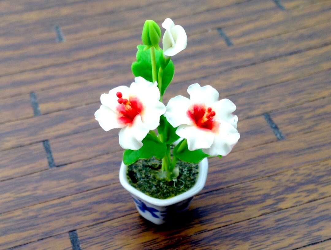 Artificial Flower Plant Hibiscus White Red Miniature Dollhouse Clay ...