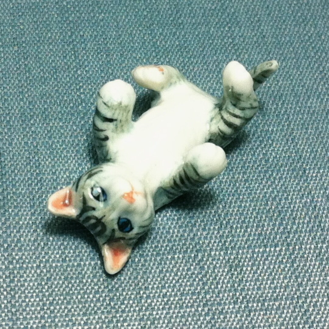 Miniature Ceramic Cat Kitty Playing Animal Cute Little White Grey ...