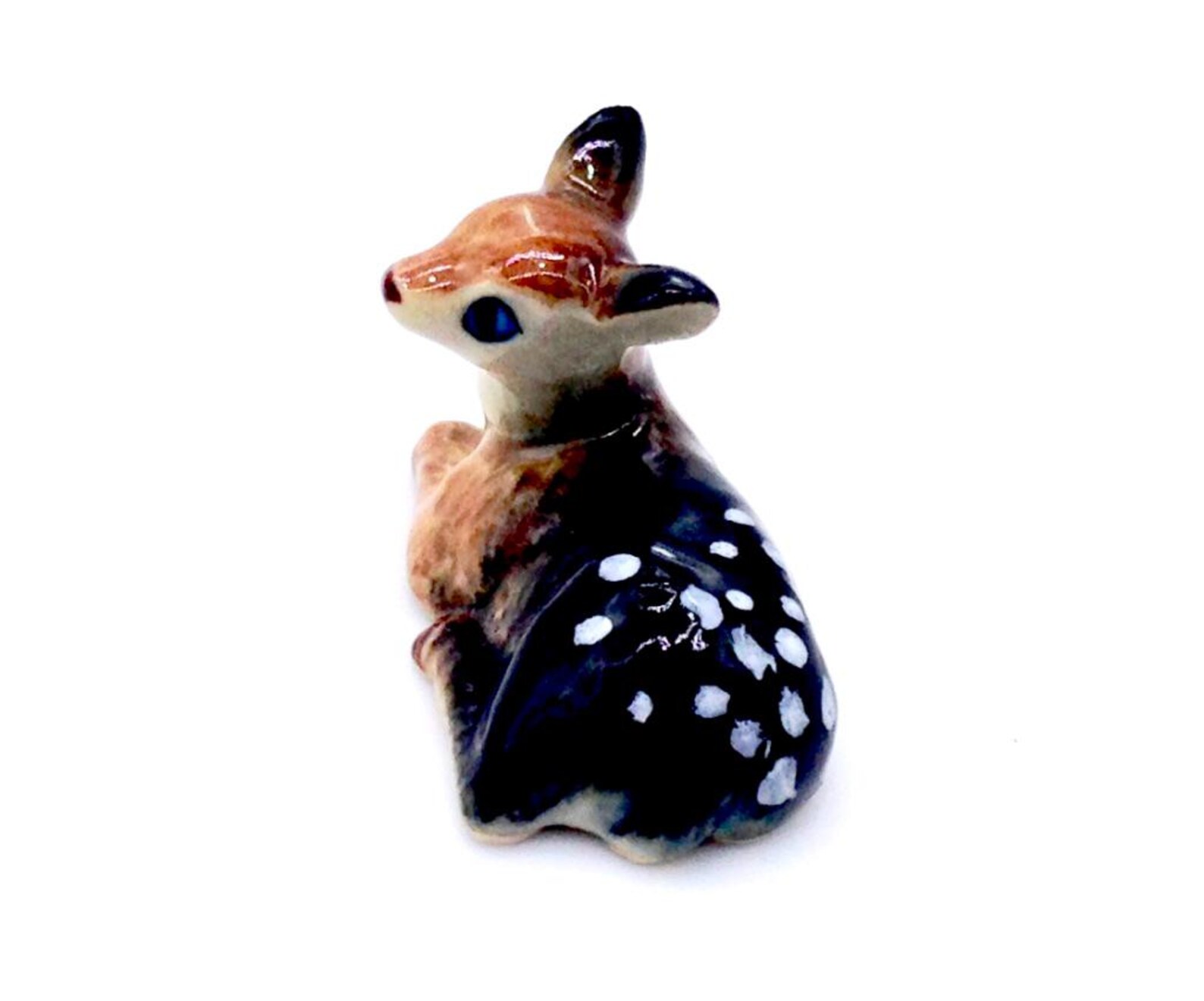 Miniature Ceramic Fawn Deer Sitting Animal Little Brown White Figurine ...