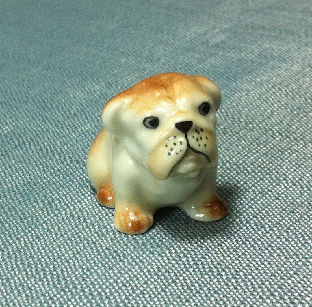 Miniature Ceramic Dog Bulldog Sitting Animal Cute Little Brown White ...