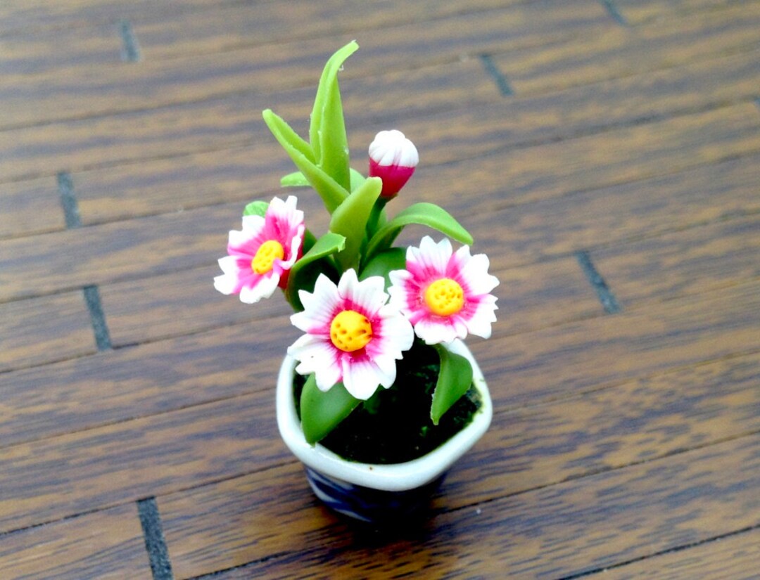 Miniature Dollhouse Flower Artificial Plant Dianthus Pink White Clay ...