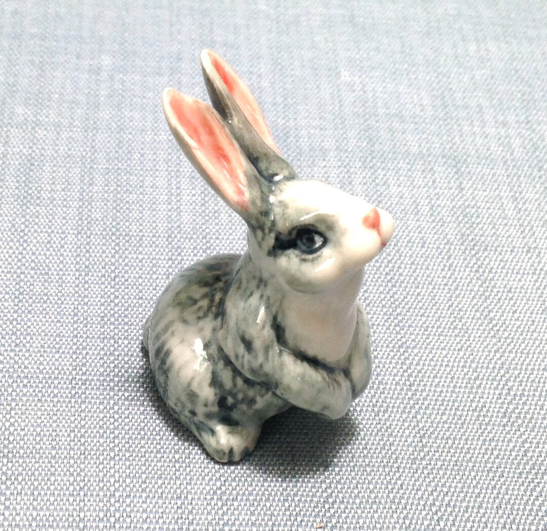 Miniature Ceramic Rabbit Bunny Funny Animal Cute Little Grey White ...