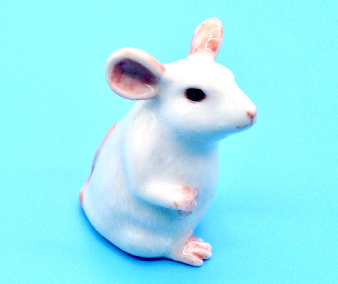 Miniature Ceramic Rat Field Mouse Mice Animal Cute White Pink Figurine ...