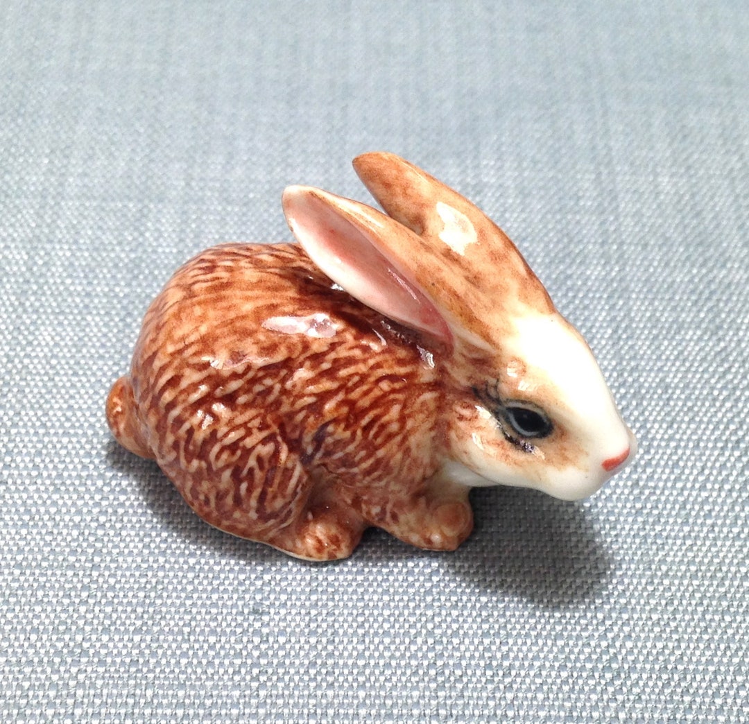 Miniature Ceramic Rabbit Bunny Animal Cute Little Brown White Figurine ...
