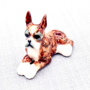 Miniature Ceramic Brindle Boxer Sitting Dog Animal Little White Brown ...