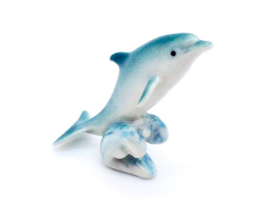 Miniature Ceramic Dolphin Jumping Fish Sea Animal Little Blue Figurine ...