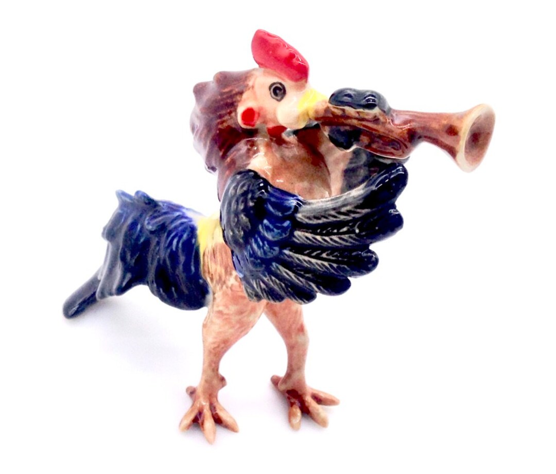 Miniature Ceramic Rooster Chicken Playing Trumpet Music Animal Brown ...
