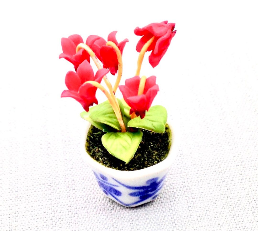 Artificial Miniature Dollhouse Flower Plant Cyclamen Red Clay Polymer ...