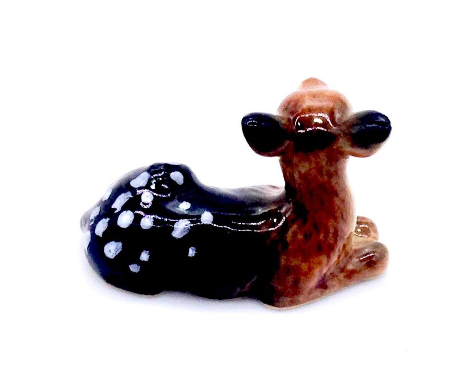 Miniature Ceramic Fawn Deer Sitting Animal Little Brown White Figurine ...