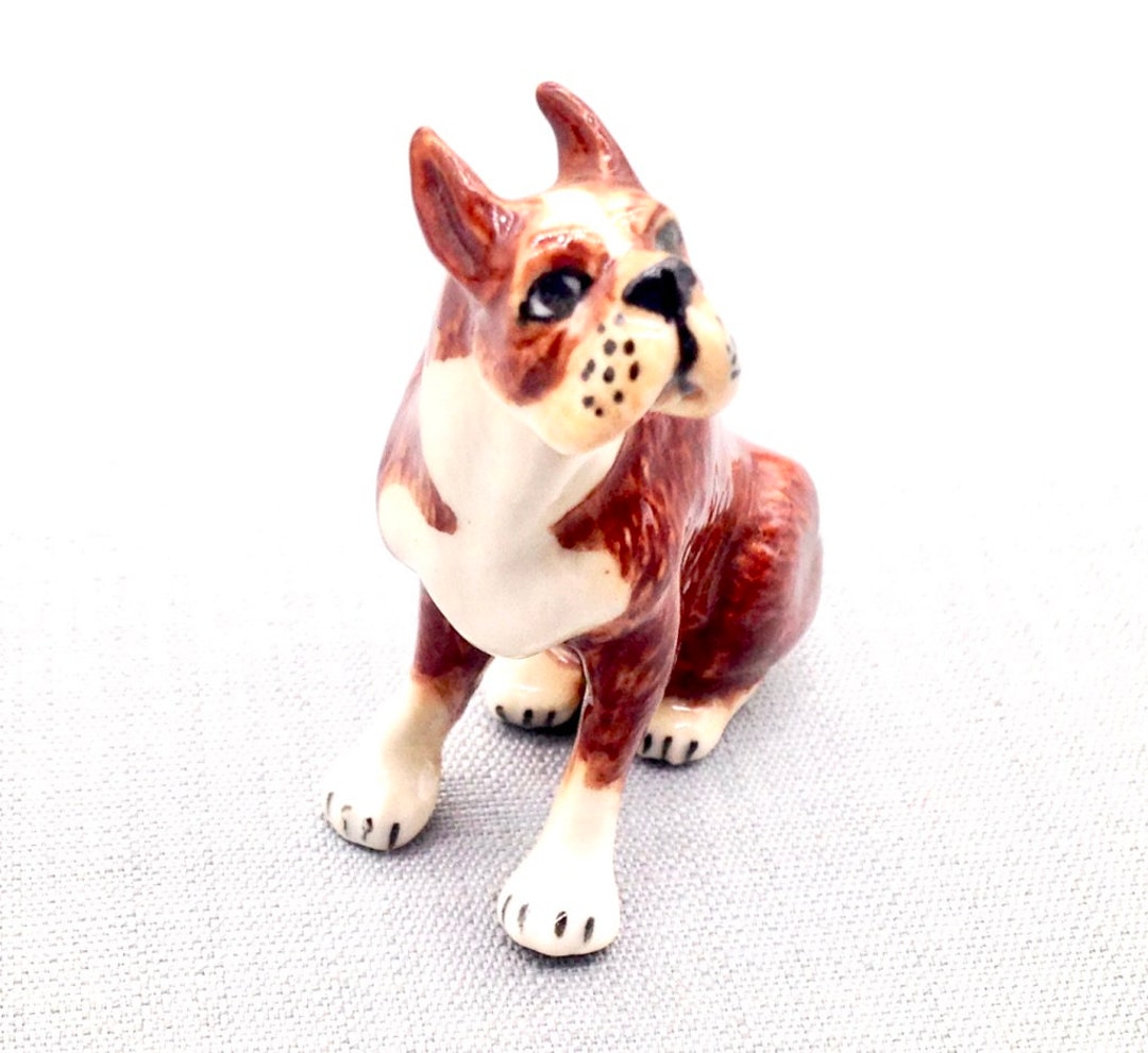 Miniature Ceramic American Boxer USA Dog Animal Little White Brown ...