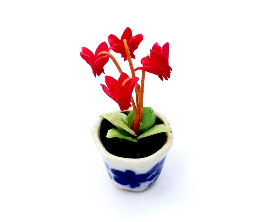 Artificial Miniature Dollhouse Flower Plant Cyclamen Red Clay Polymer ...