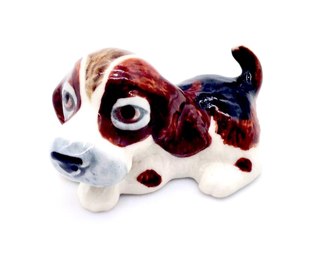 Miniature Ceramic Dog Beagle Puppy Laying Animal Little Brown White ...