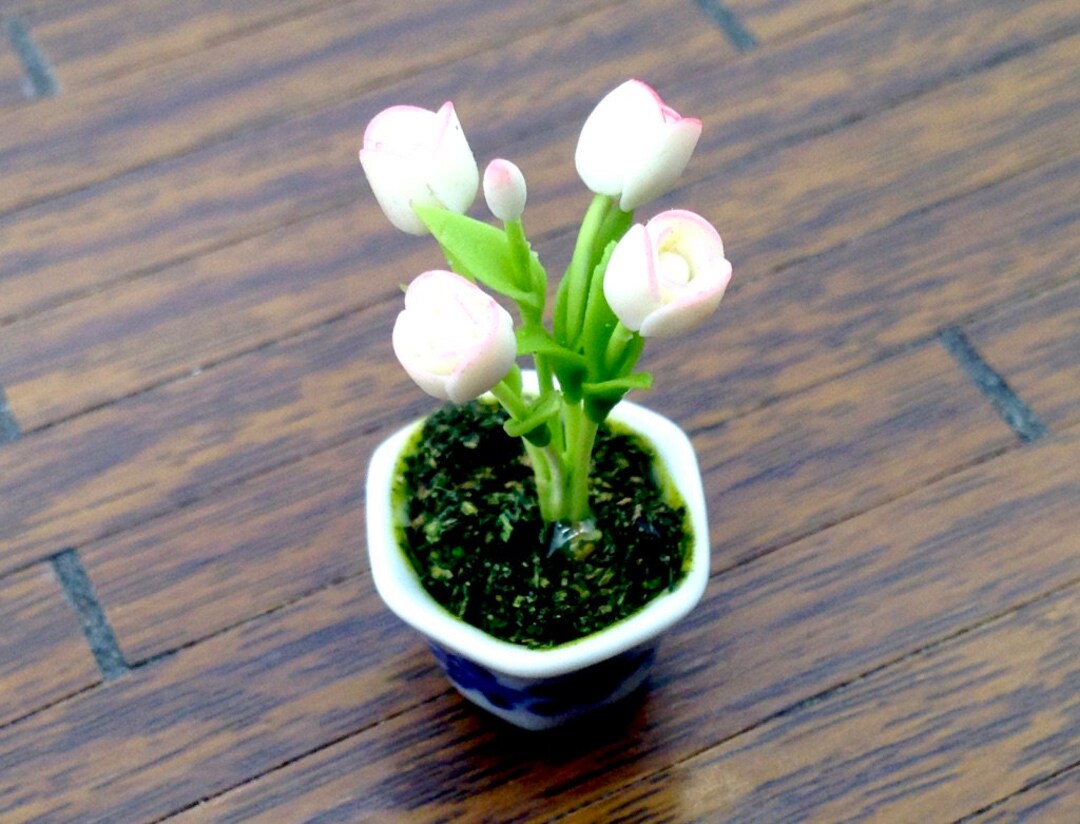 Miniature Dollhouse Flower Artificial Plant Tulip White Pink Clay ...