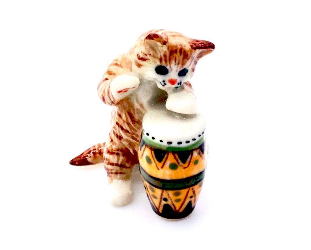 Miniature Ceramic Kitty Cat Playing Music Congas Drums Animal Tiny ...