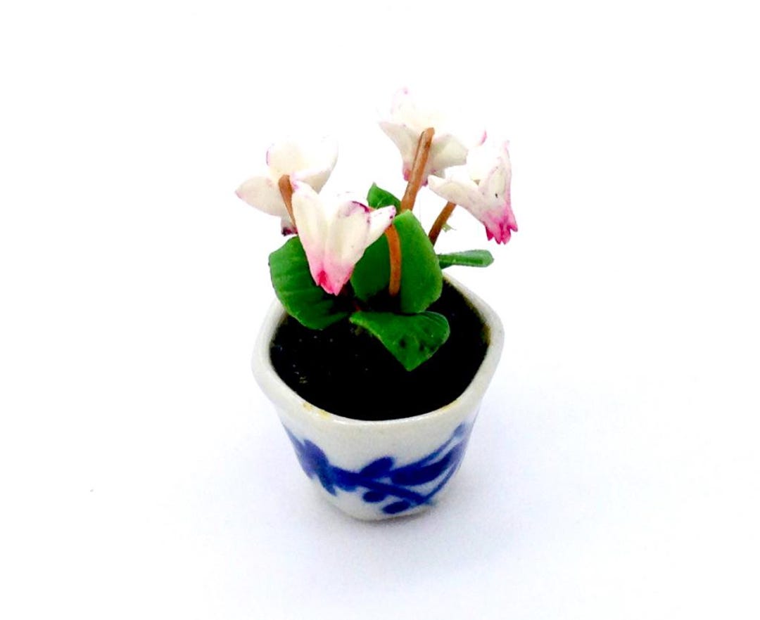Miniature Dollhouse Artificial Flower Plant Cyclamen White Clay Polymer ...