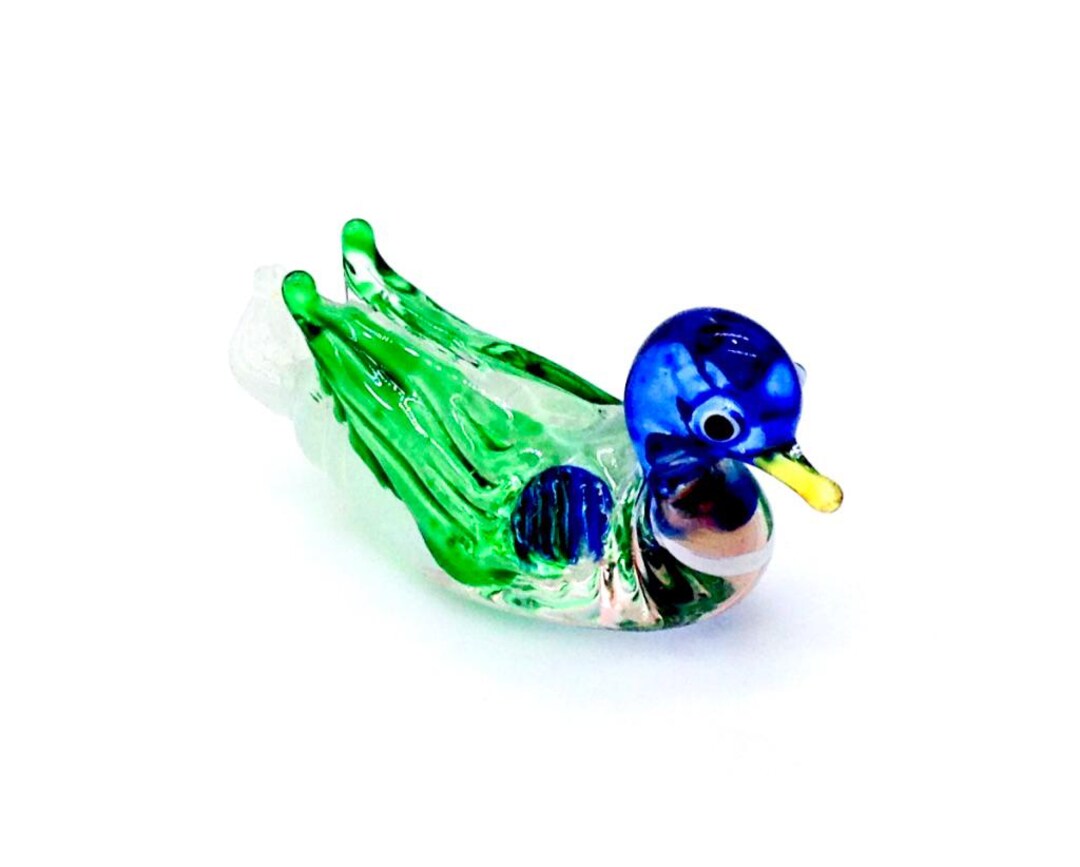 Hand Blown Miniature Glass Duck Bird Little Animal Blue Green Figurine ...