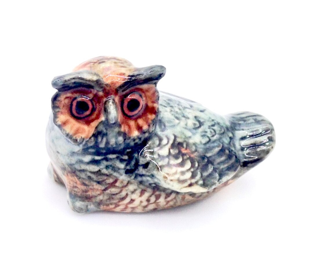 Miniature Ceramic Owl Bird Sitting Animal Cute Little Grey Brown ...