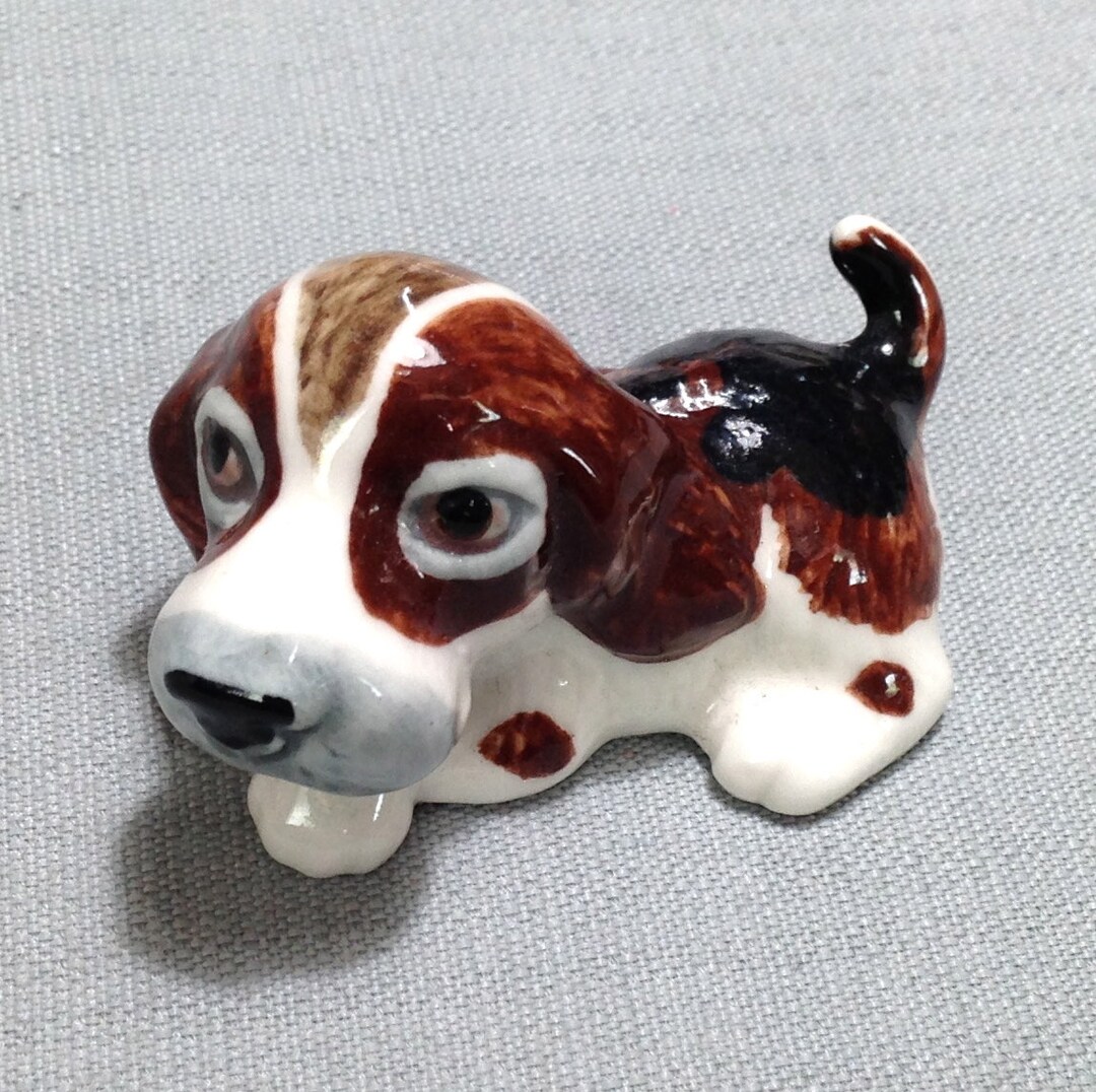 Miniature Ceramic Dog Beagle Puppy Laying Animal Cute Little Brown ...