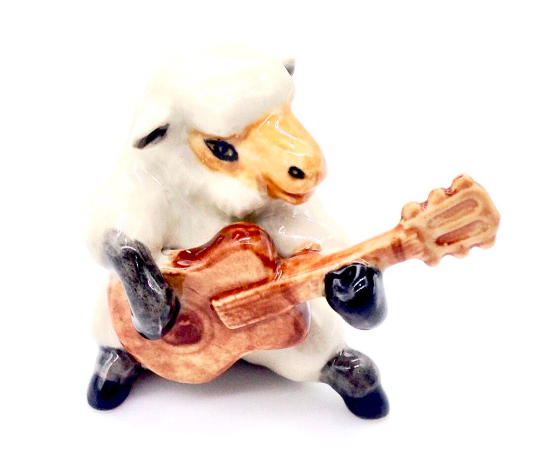 Miniature Ceramic Sheep Animal Musician Play Guitar Little White Brown ...
