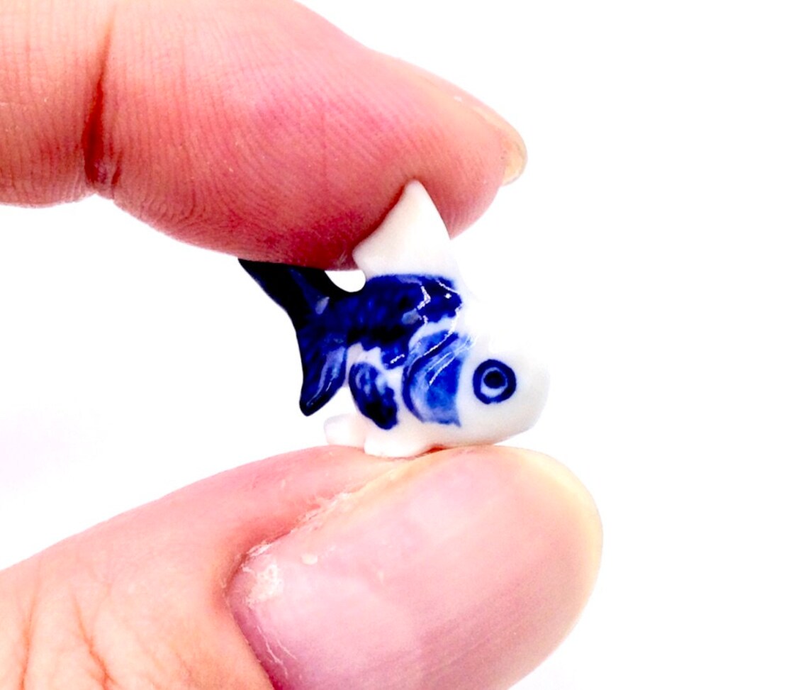 Miniature Ceramic Goldfish Fish Mini Animal Little Blue White Figurine ...