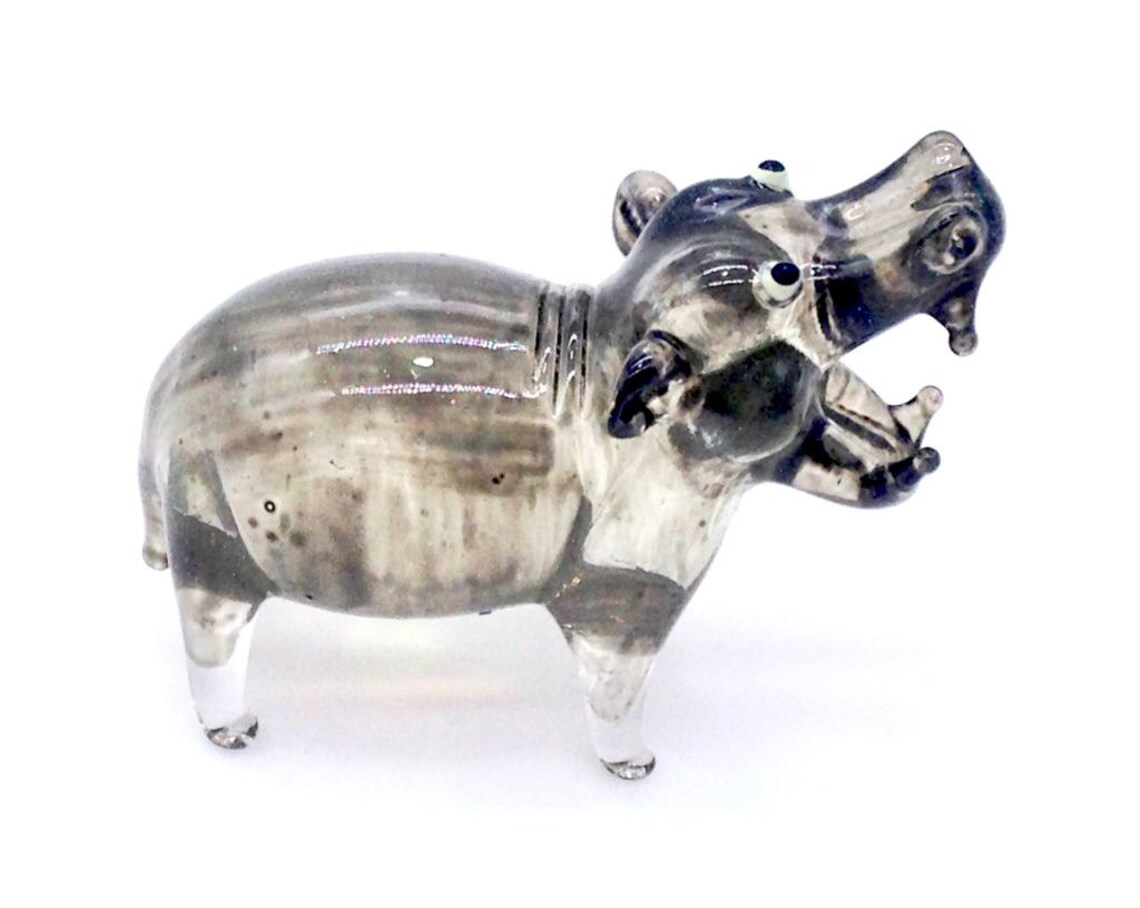 Hand Blown Glass Miniature Hippo Hippopotamus Animal Grey Transparent ...