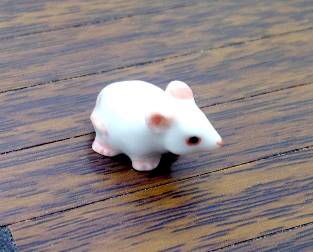 Miniature Ceramic Rat Mouse Mice Animal Cute Little White Pink Figurine ...