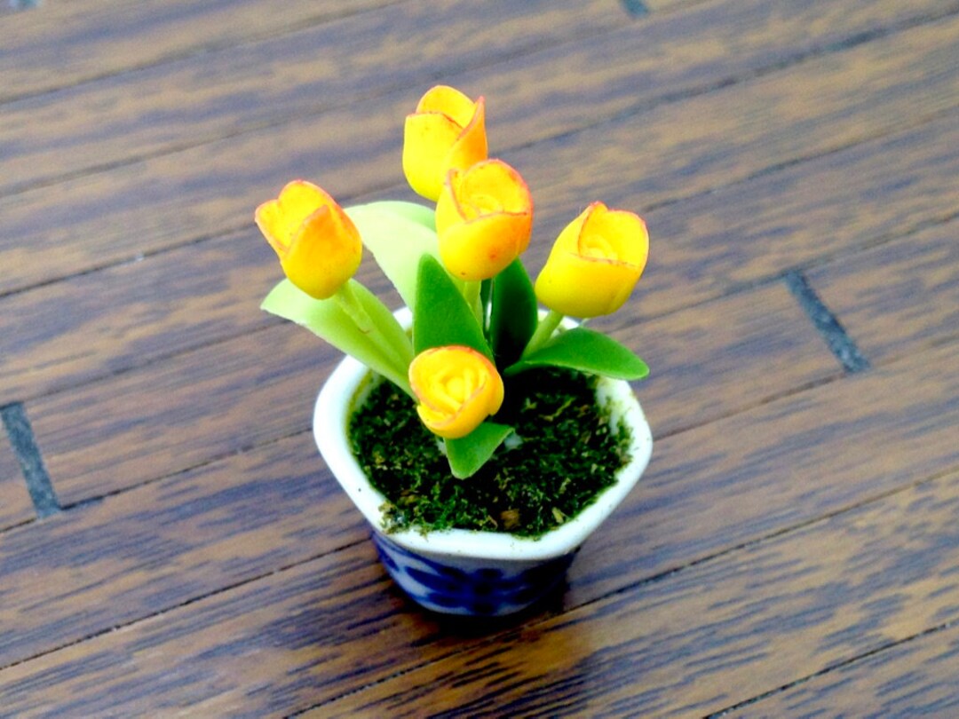 Flower Artificial Plant Tulip Yellow Red Miniature Dollhouse Clay ...