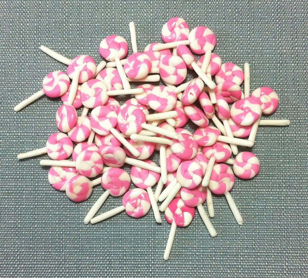 20 Miniature Dollhouse Lollipops Clay Polymer Pink White Candies Sweet ...