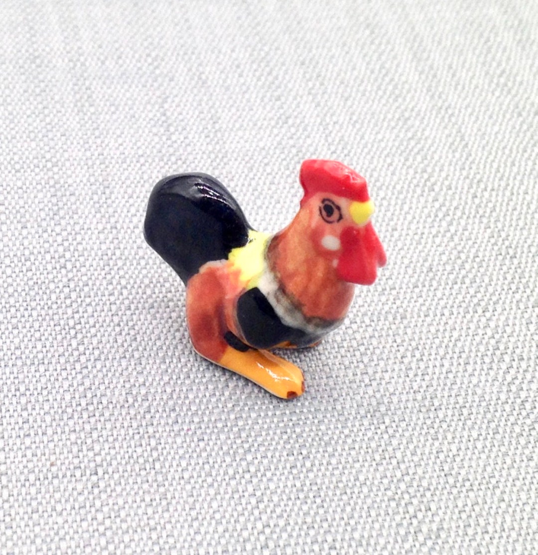 Miniature Ceramic Rooster Mini Chicken Animal Little Brown Black Red ...