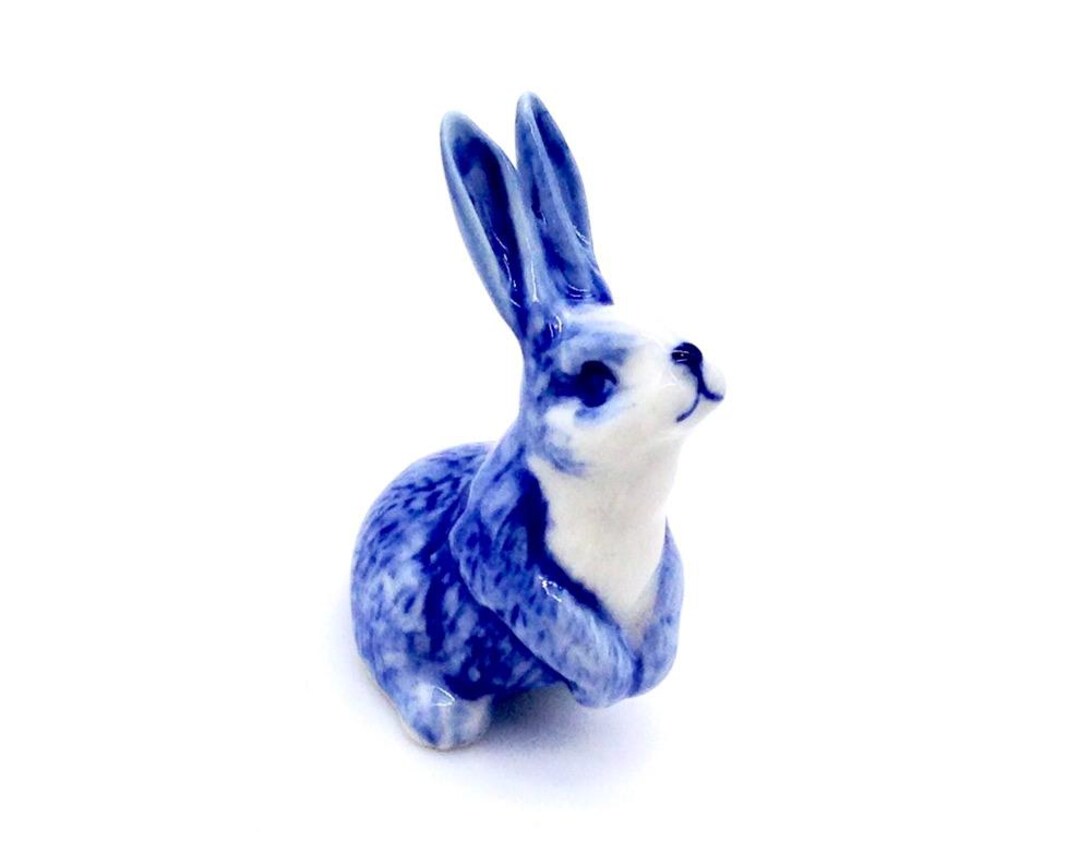 Miniature Ceramic Rabbit Bunny Animal Little Blue White Figurine Small ...