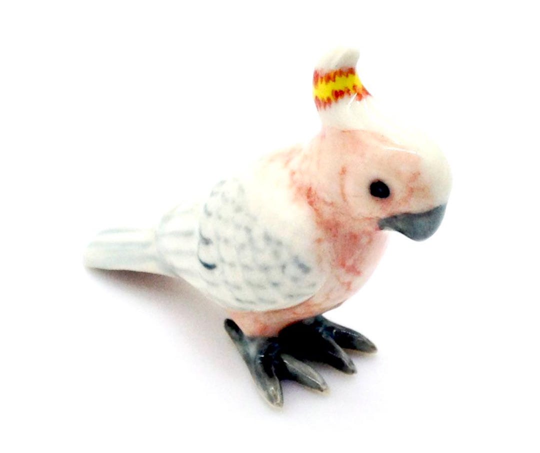 Miniature Ceramic Parrot Exotic Bird Animal Little Pink White Figurine ...
