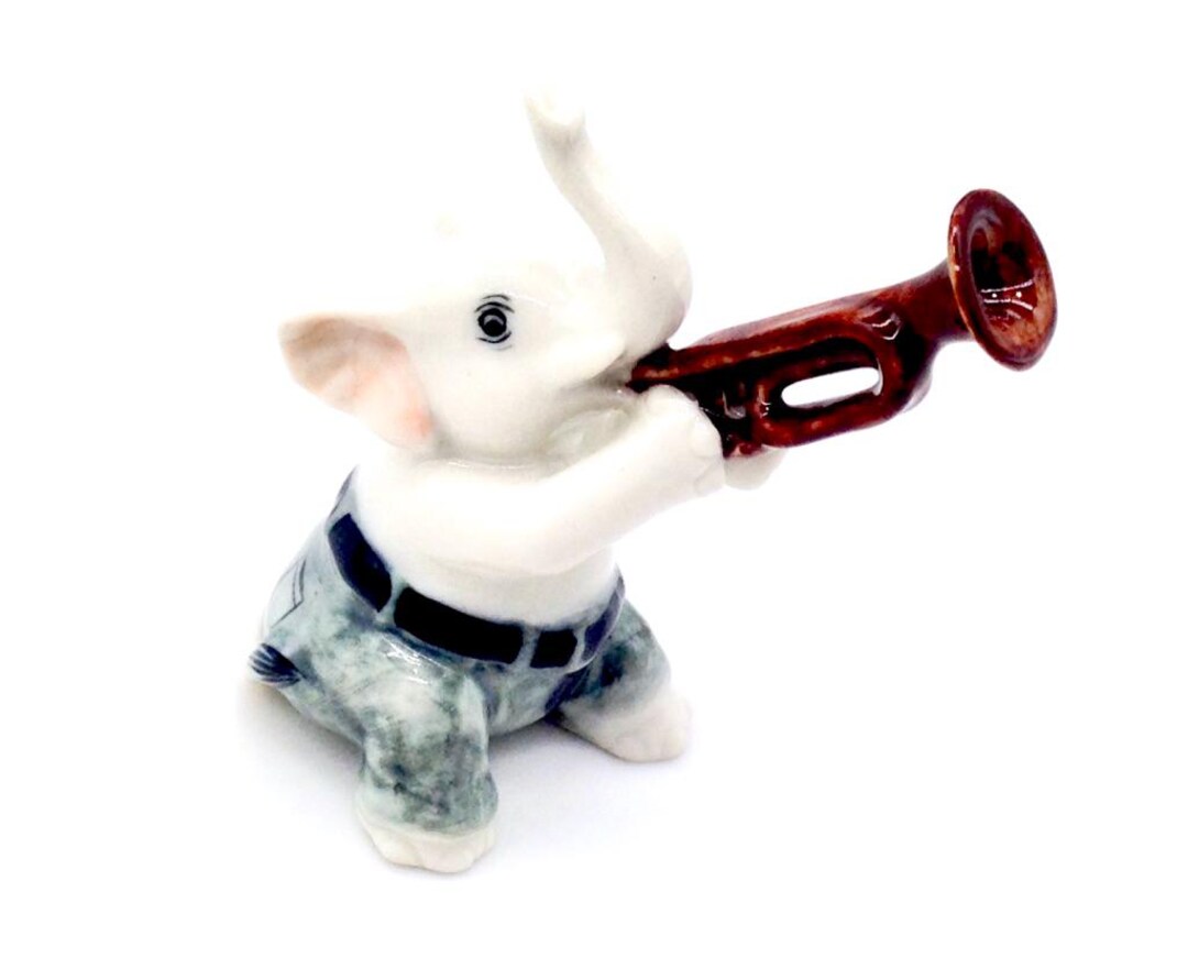 Miniature Ceramic Elephant Animal Musician Play Trumpet Little White ...