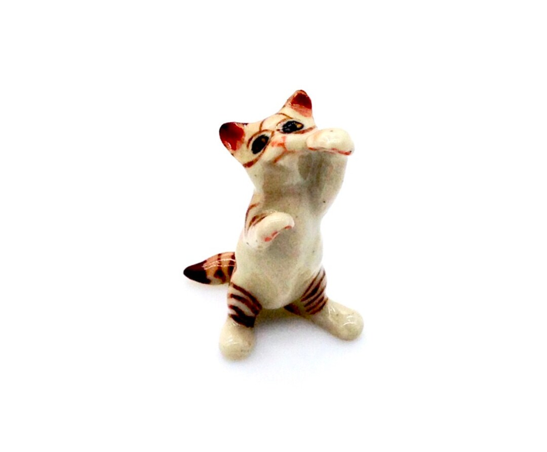 Miniature Ceramic Cat Kitty Standing Animal Cute Little White Brown ...