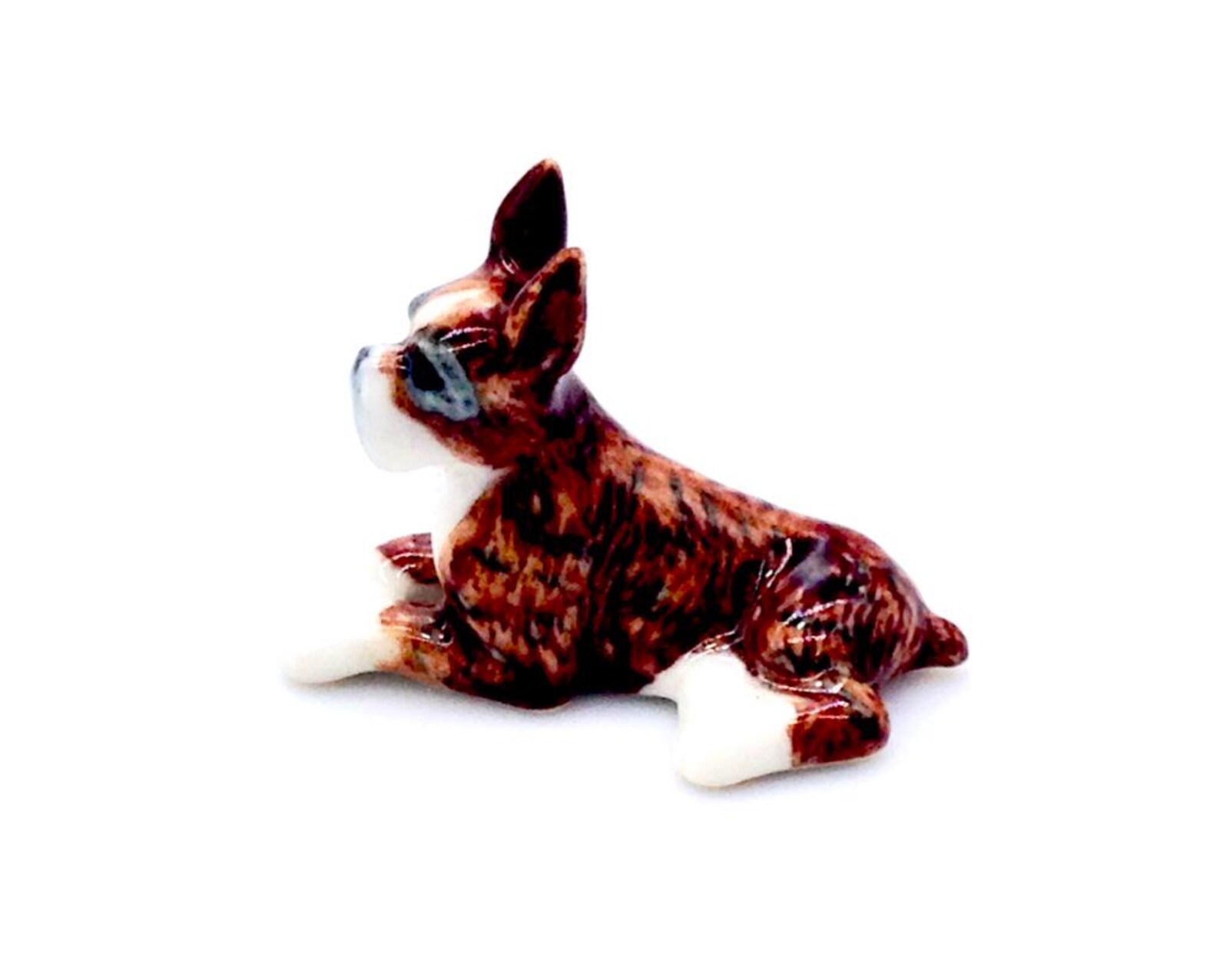 Miniature Ceramic Brindle Boxer Sitting Dog Animal Little White Brown ...